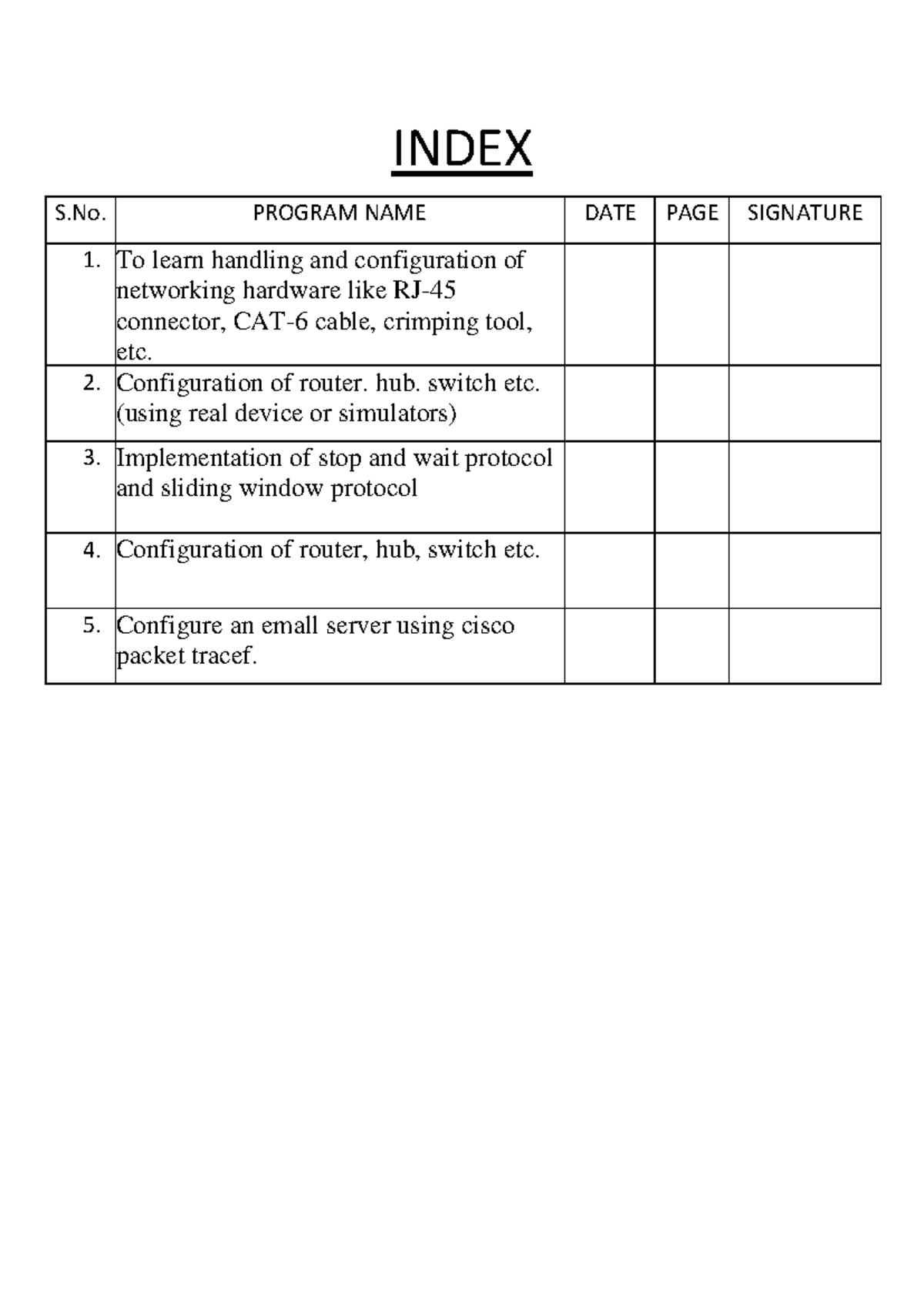Computer Networks Lab - INDEX S. PROGRAM NAME DATE PAGE SIGNATURE 1. To ...