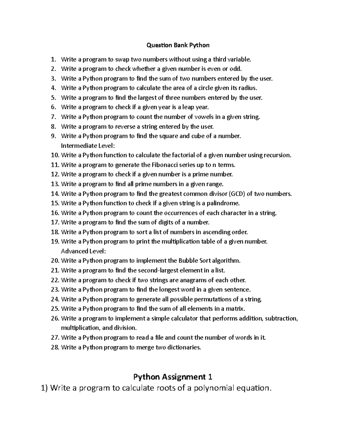 Question Bank Python: Programming Exercises & Solutions - Studocu