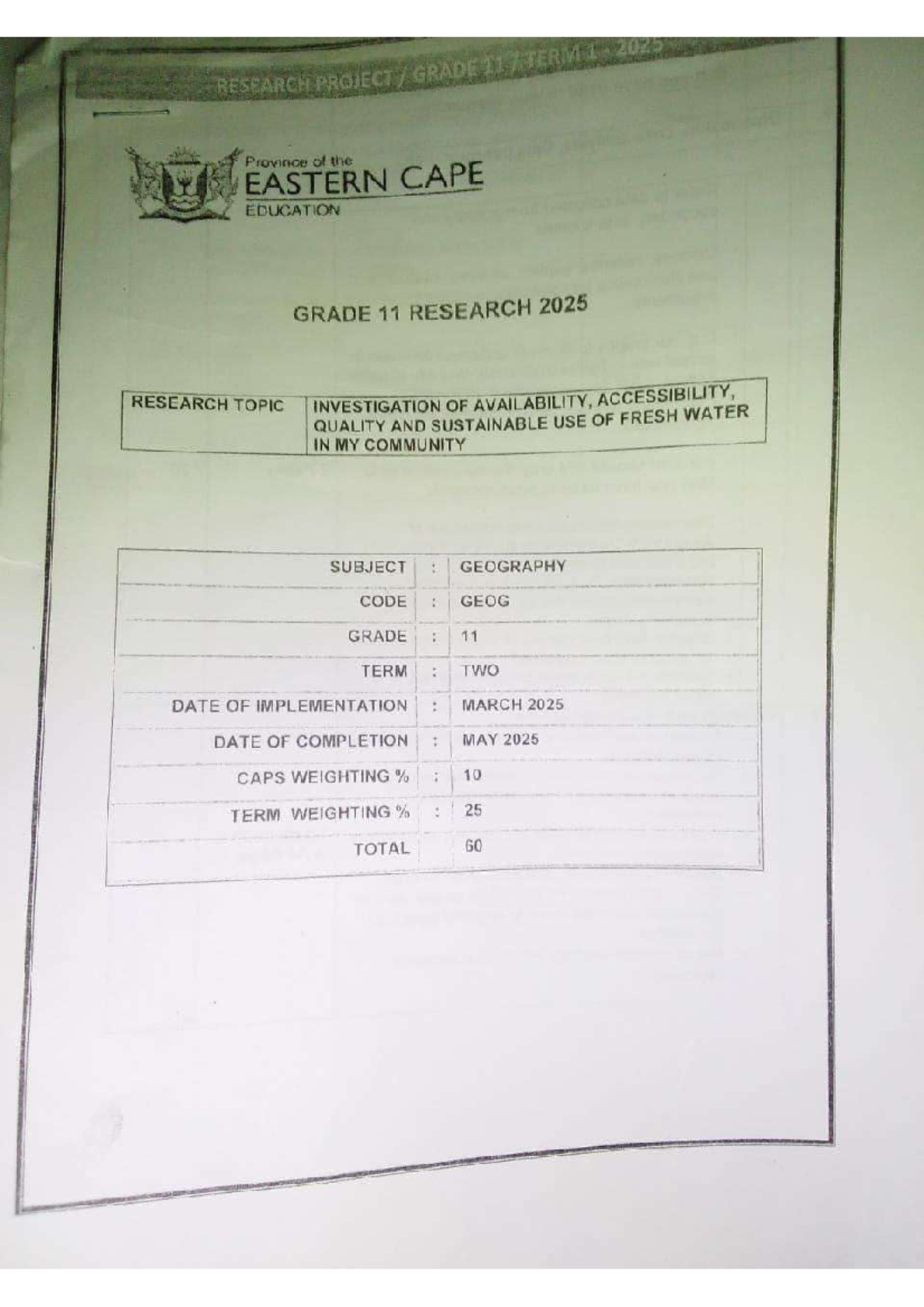 GEOG GRADE 11 TERM 2 RESEARCH PROJECT: FRESHWATER IN MY COMMUNITY - Studocu
