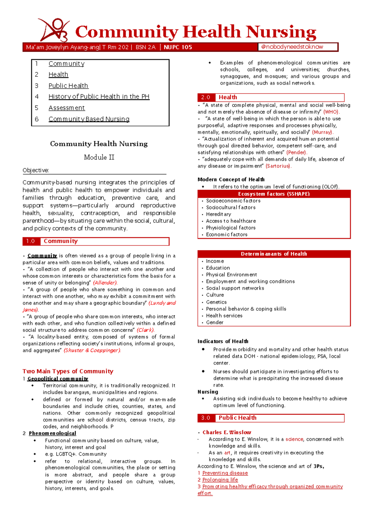 Community Health Nursing Overview: NUPC 105 Module II Notes - Studocu