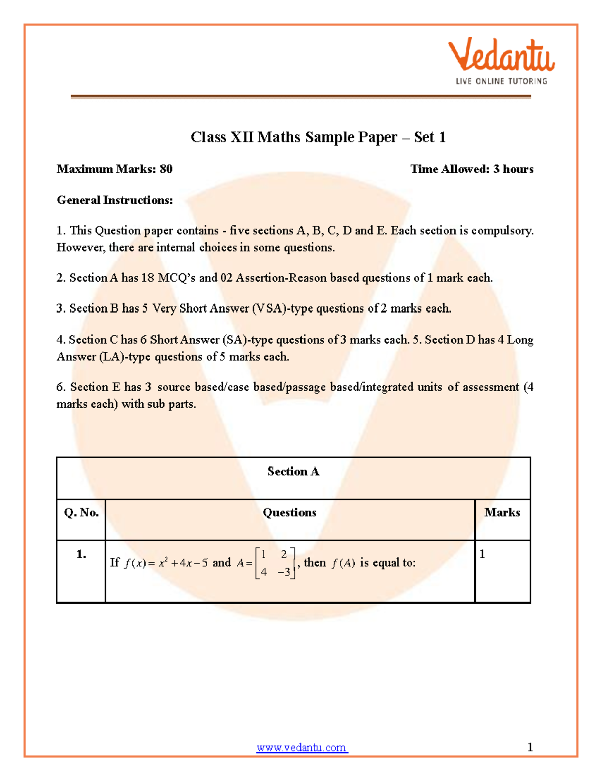 CBSE Class 12 Maths Sample Paper Set 1 (2025-26) - Max Marks: 80 - Studocu