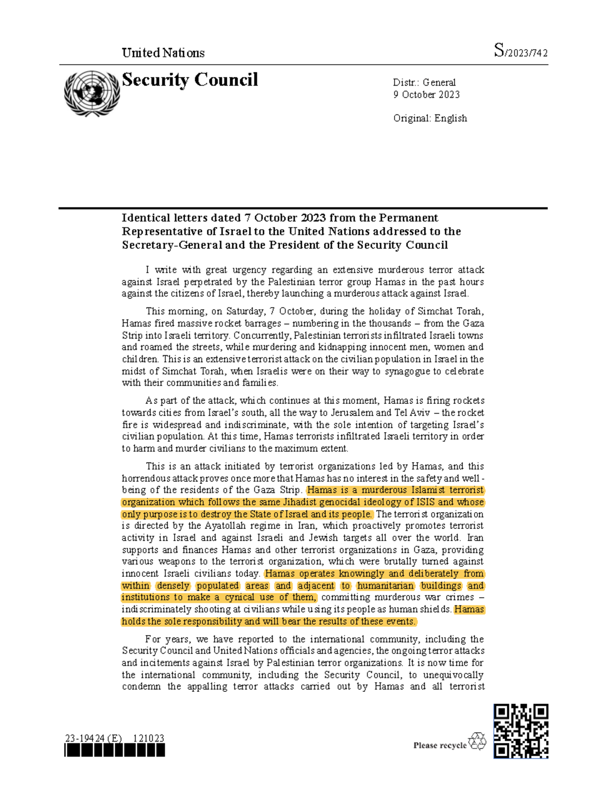 UNSC Letter: Urgent Response to Hamas Terror Attacks on Israel (E ...