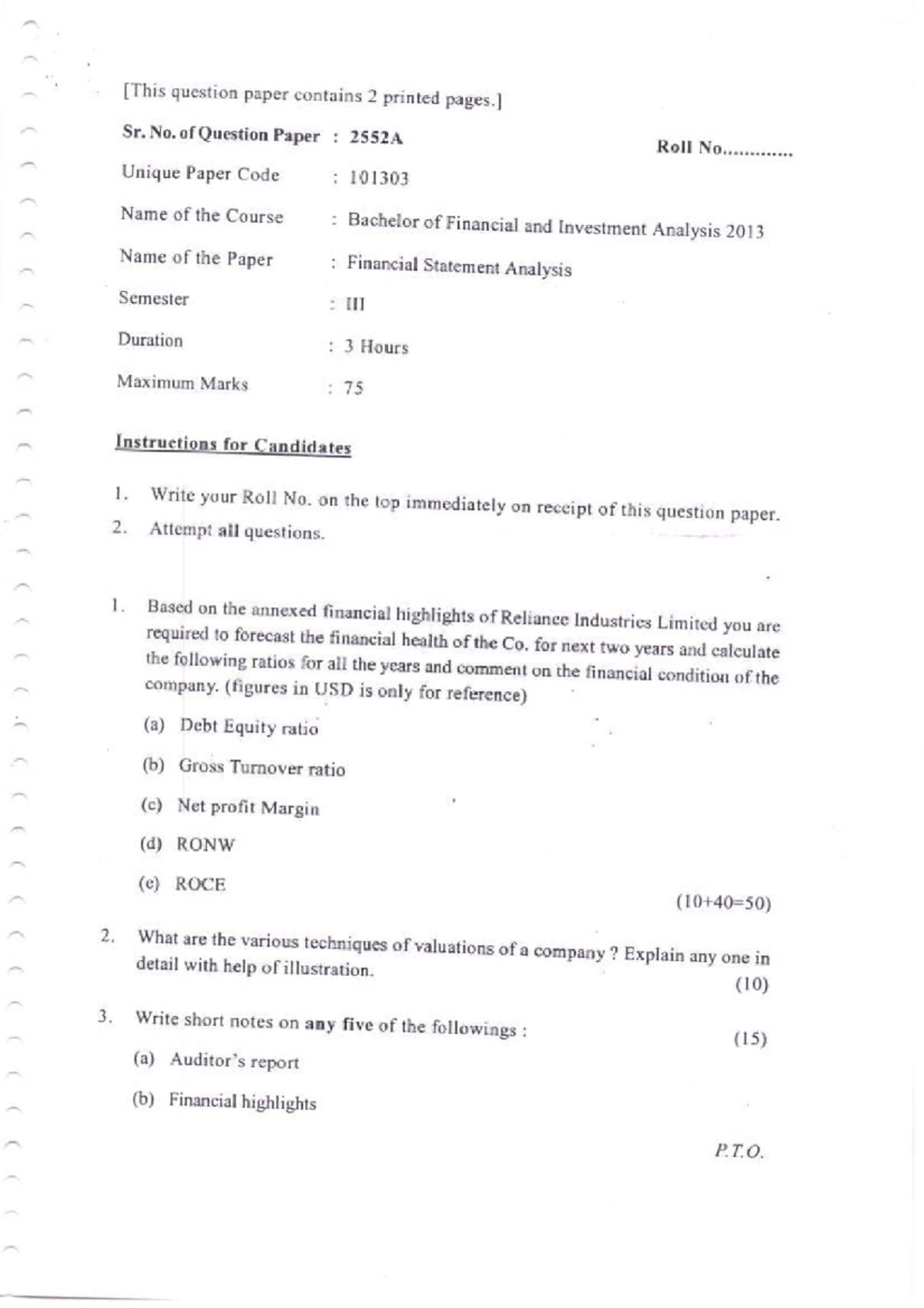Financial Statement Analysis - BFinInvA 2013 Question Paper - Studocu