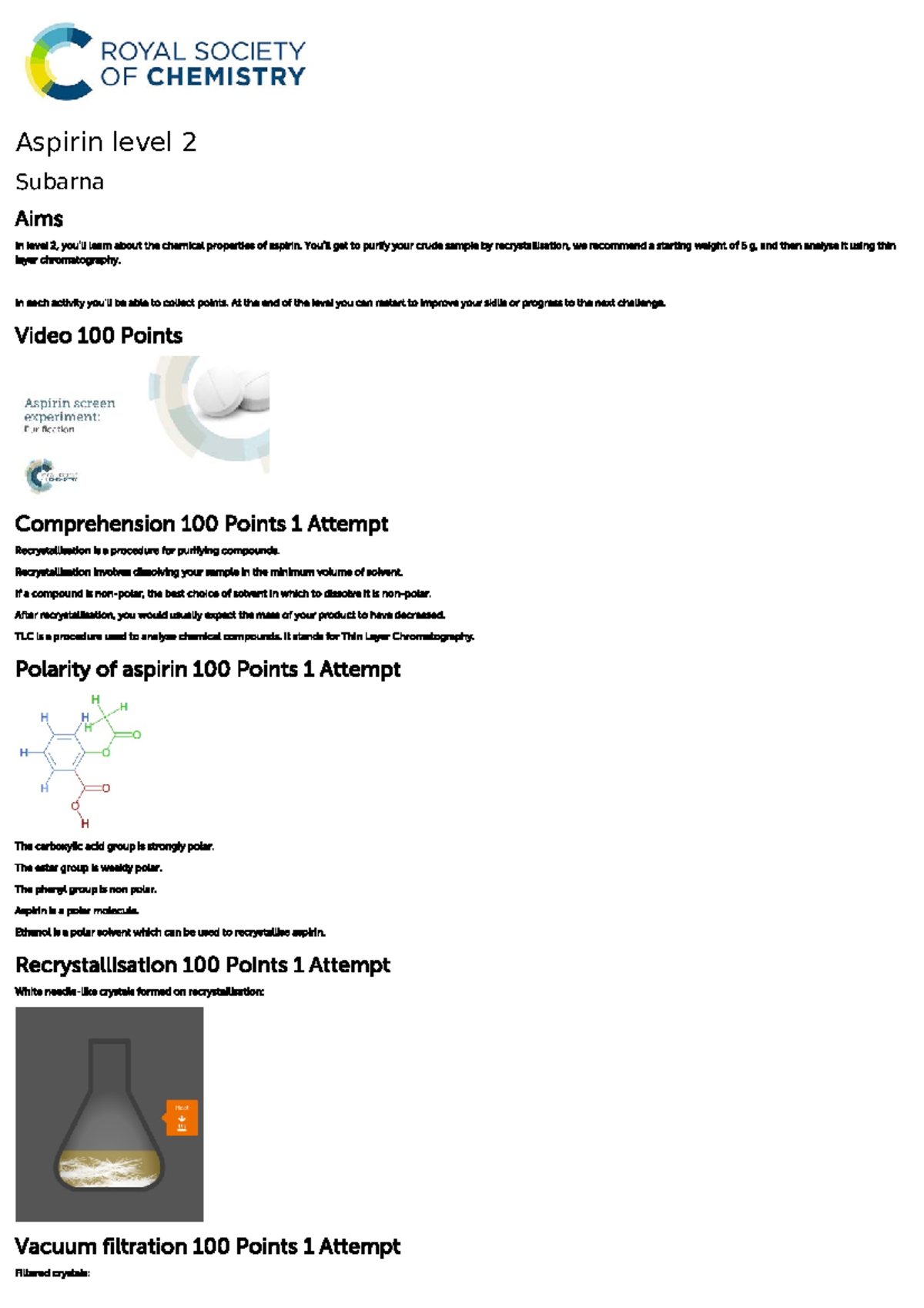 Aspirin Level 2 Lab Notebook: Purification & Analysis Techniques - Studocu