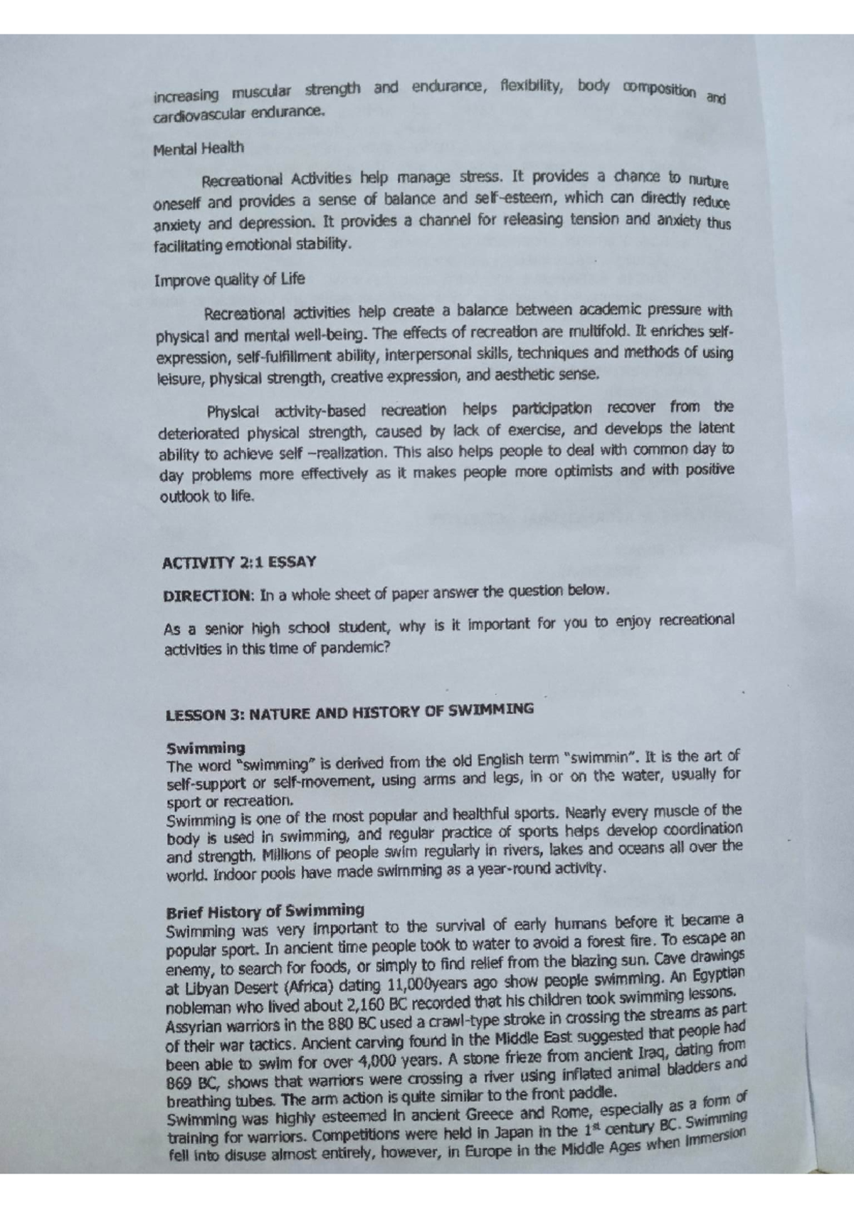 Recreational Activities & Their Benefits - PE 101 Lesson 3 Essay - Studocu