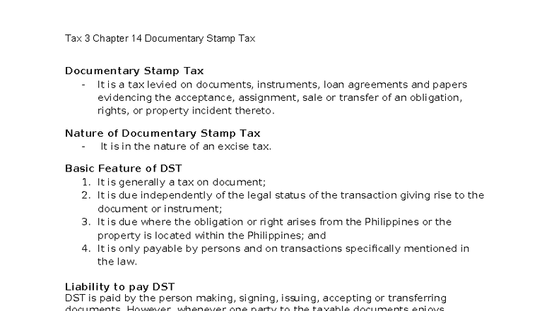 Tax 3 Chapter 14: Comprehensive Notes on Documentary Stamp Tax - Studocu