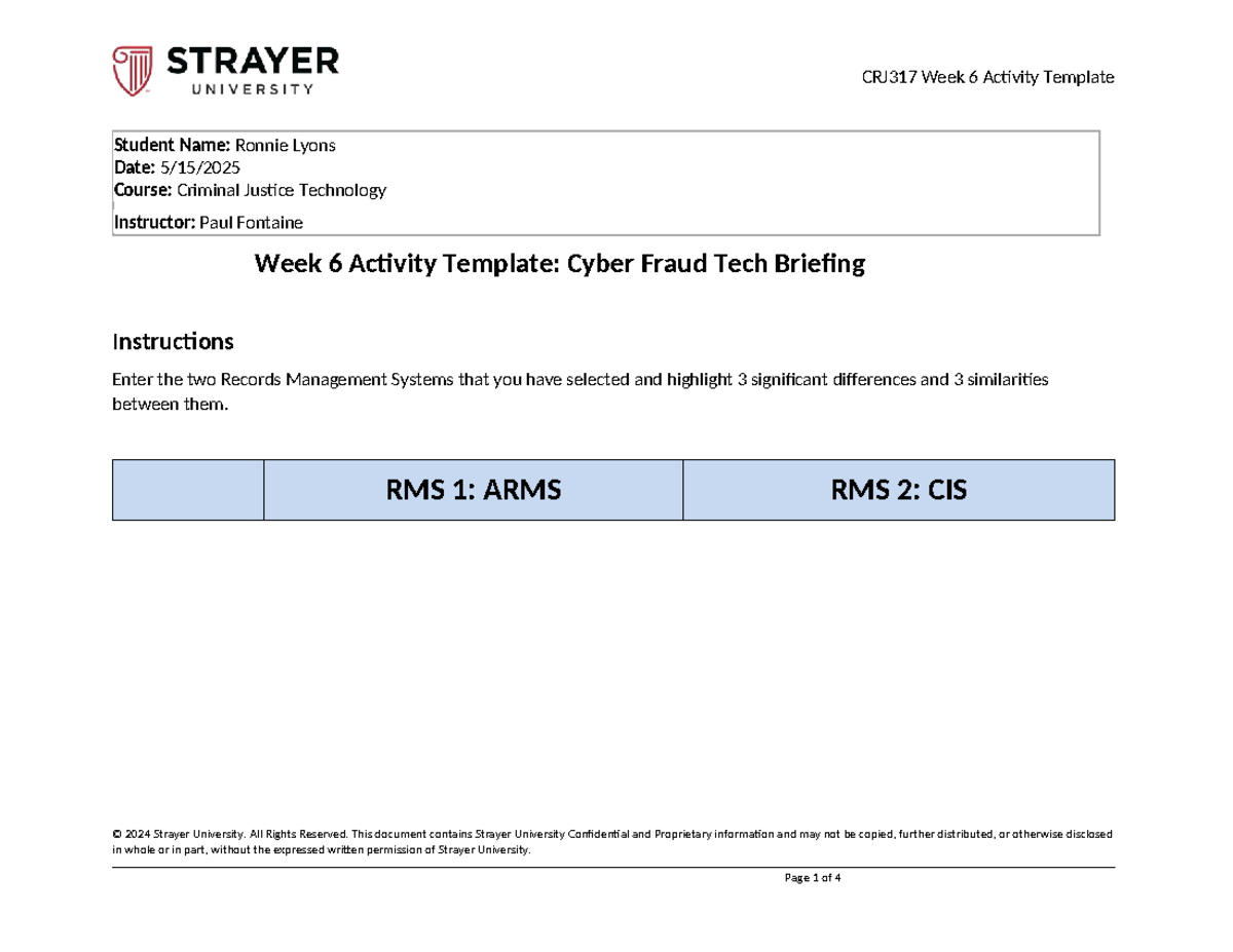 CRJ317 Week 6 Activity Template: Comparing ARMS and CIS Systems - Studocu