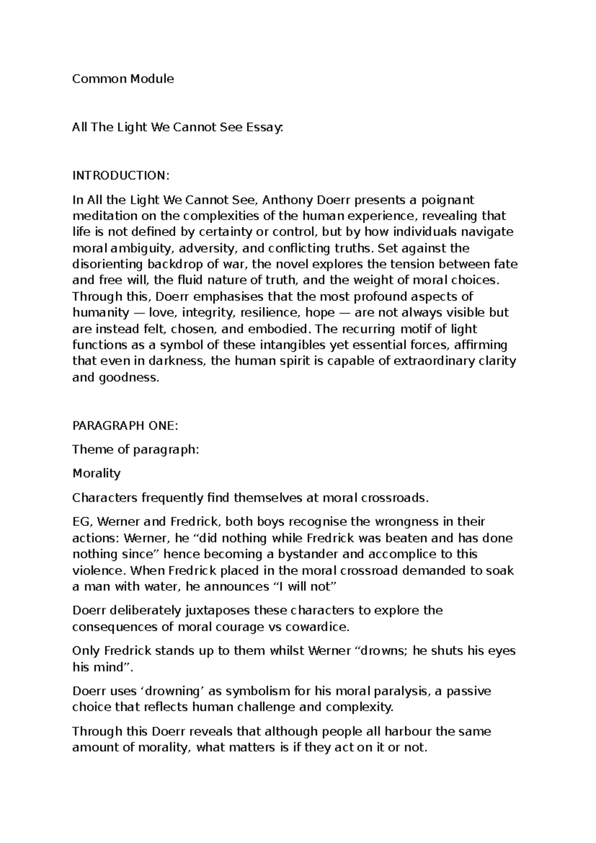 Common Module - All the Light We Cannot See Essay Analysis - Studocu