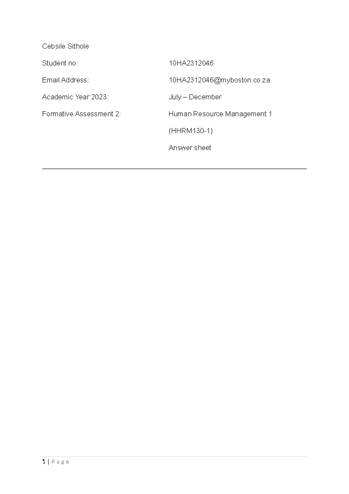 Human Resource Management 1 (HHRM130-1) FA2 - Answer Sheet Insights ...