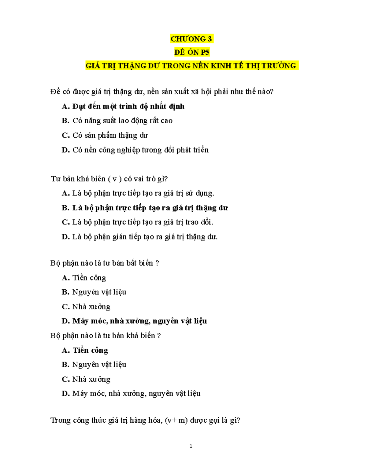 Chương 3: Giá Trị Thặng Dư Trong Nền Kinh Tế Thị Trường - Đề Ôn P - Studocu