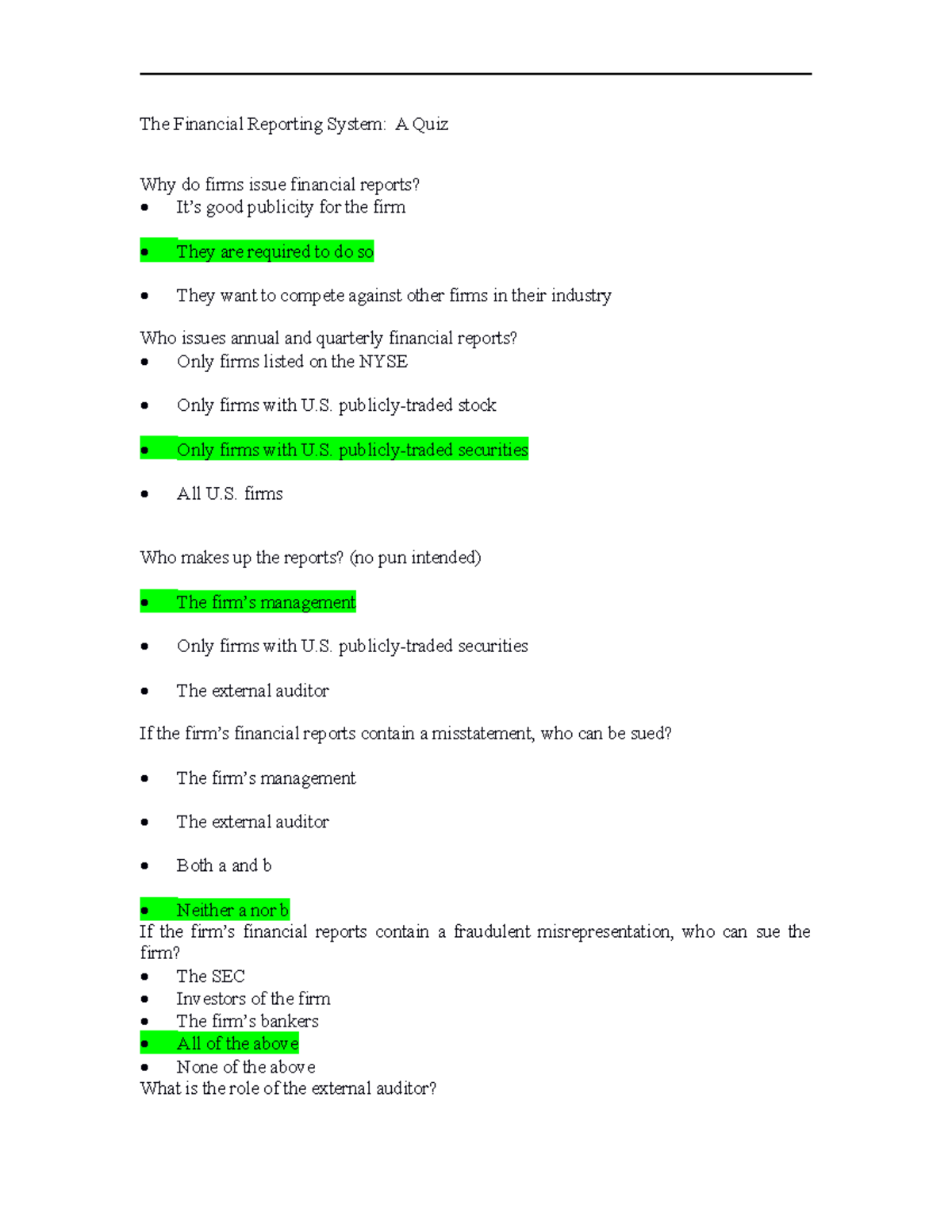 Financial Reporting System Quiz - Studocu