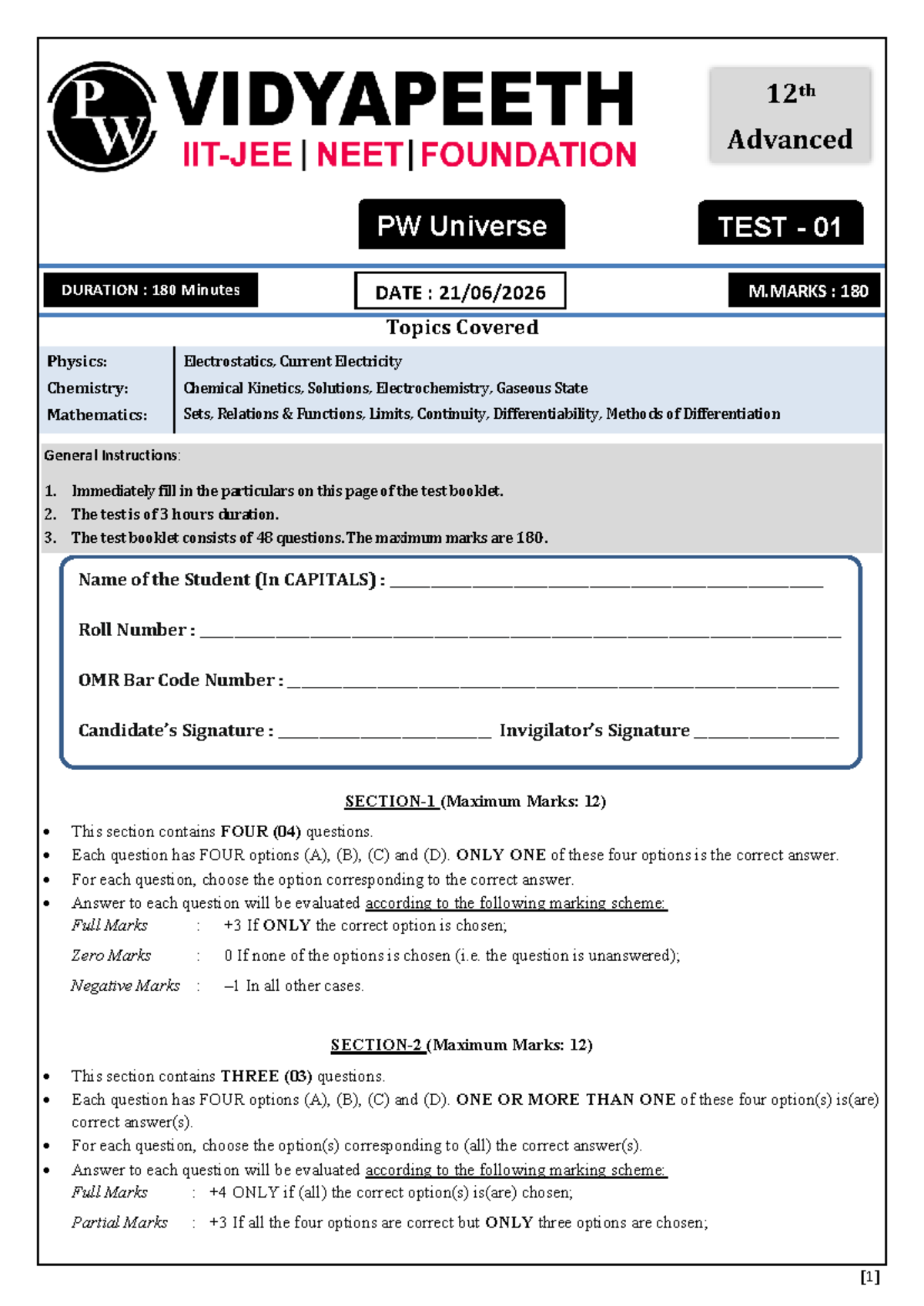 PW Universe Test-01 Class 12th JEE Advanced: Detailed Analysis and ...