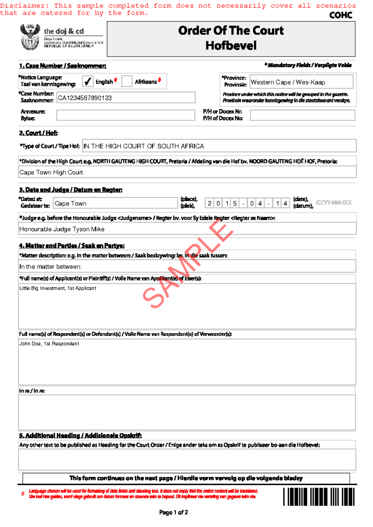 Court Order Sample - Legal Document Guidelines (CA) - Studocu