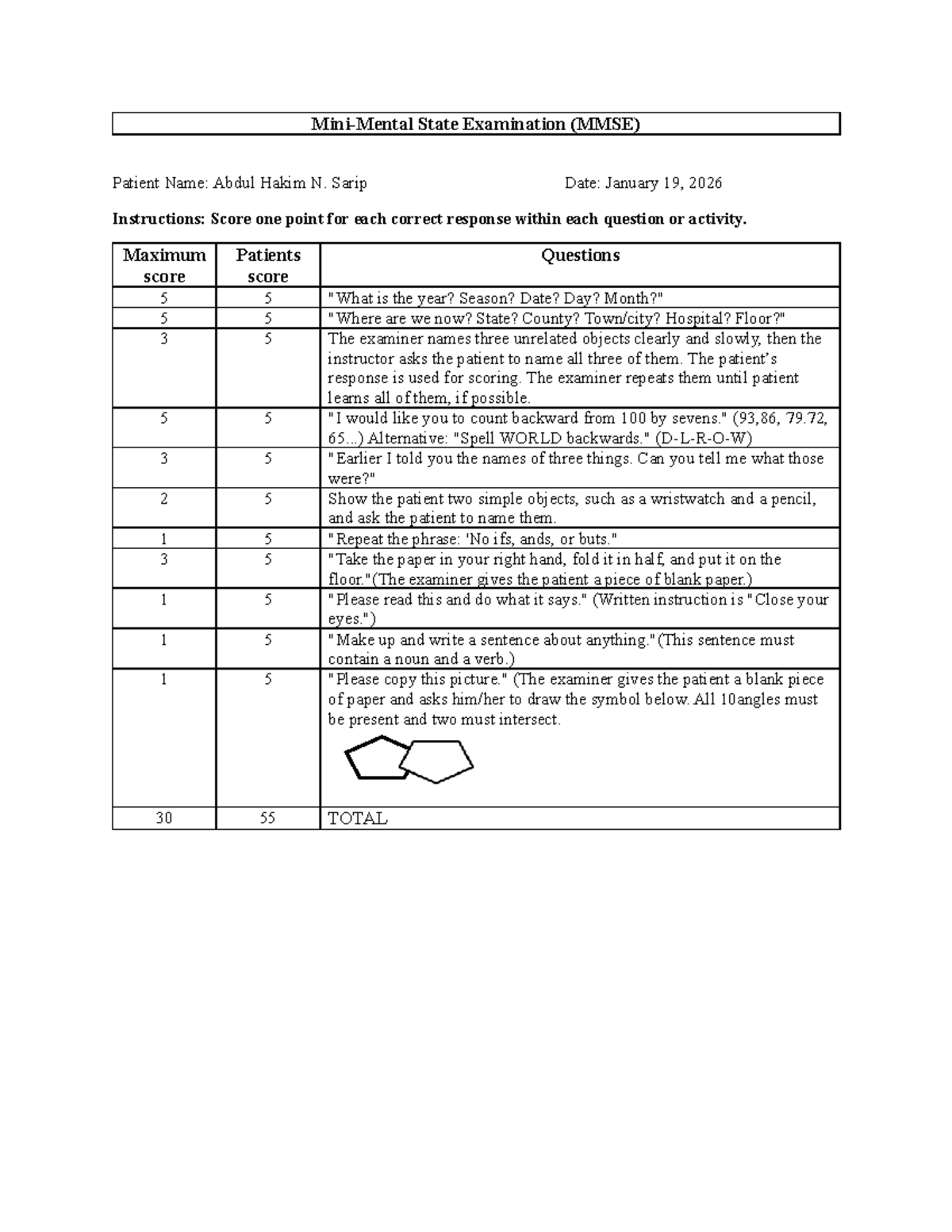 MMSE State Examination Instructions and Scoring Guide - Studocu