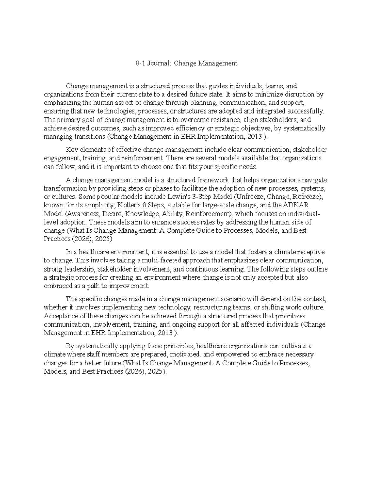8-1 Journal: Effective Change Management Strategies and Models - Studocu