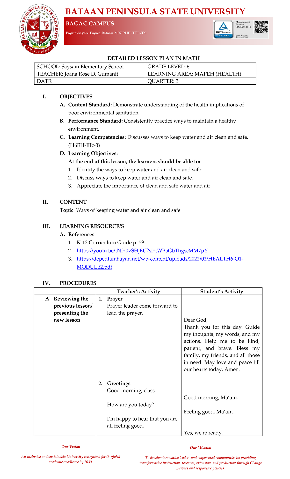 DLP Health 6: Lesson Plan on Keeping Water and Air Clean - Studocu