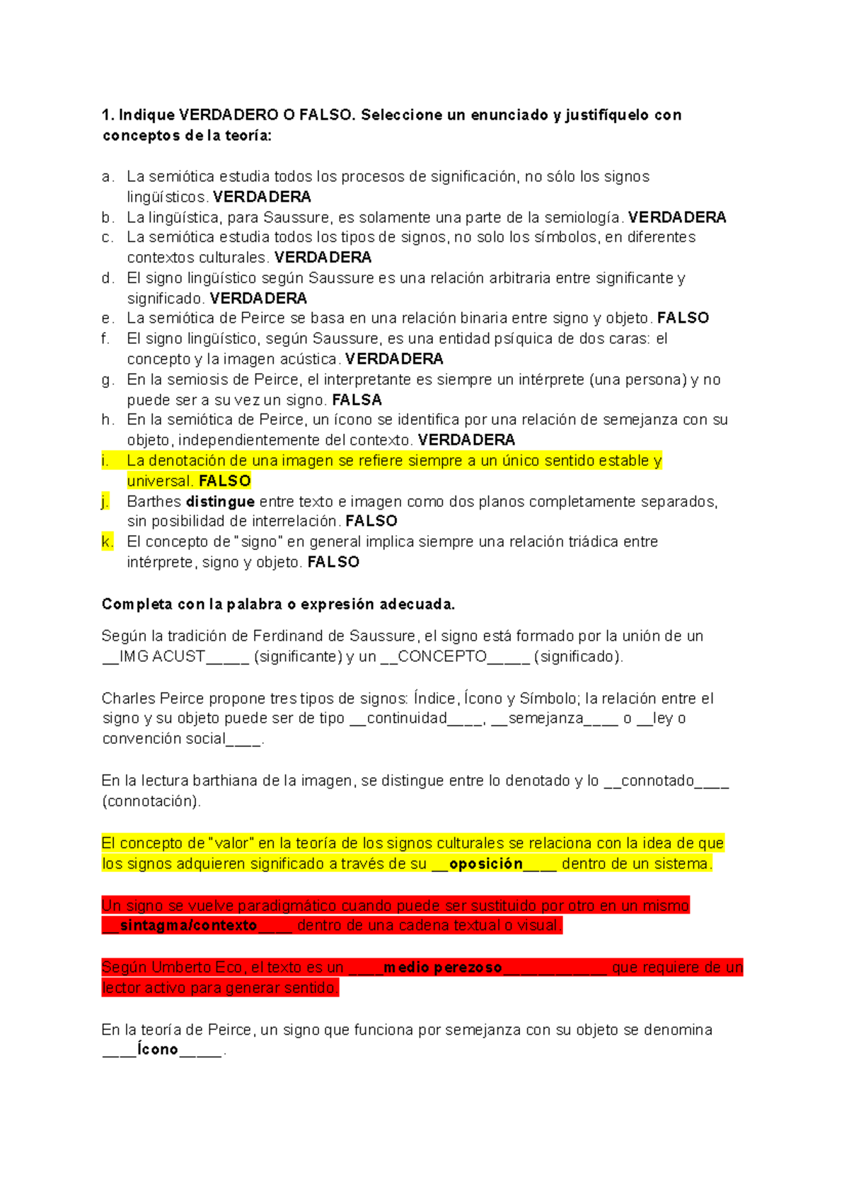 Practicar Semiótica: 1ER Parcial - Verdadero o Falso y Selección ...