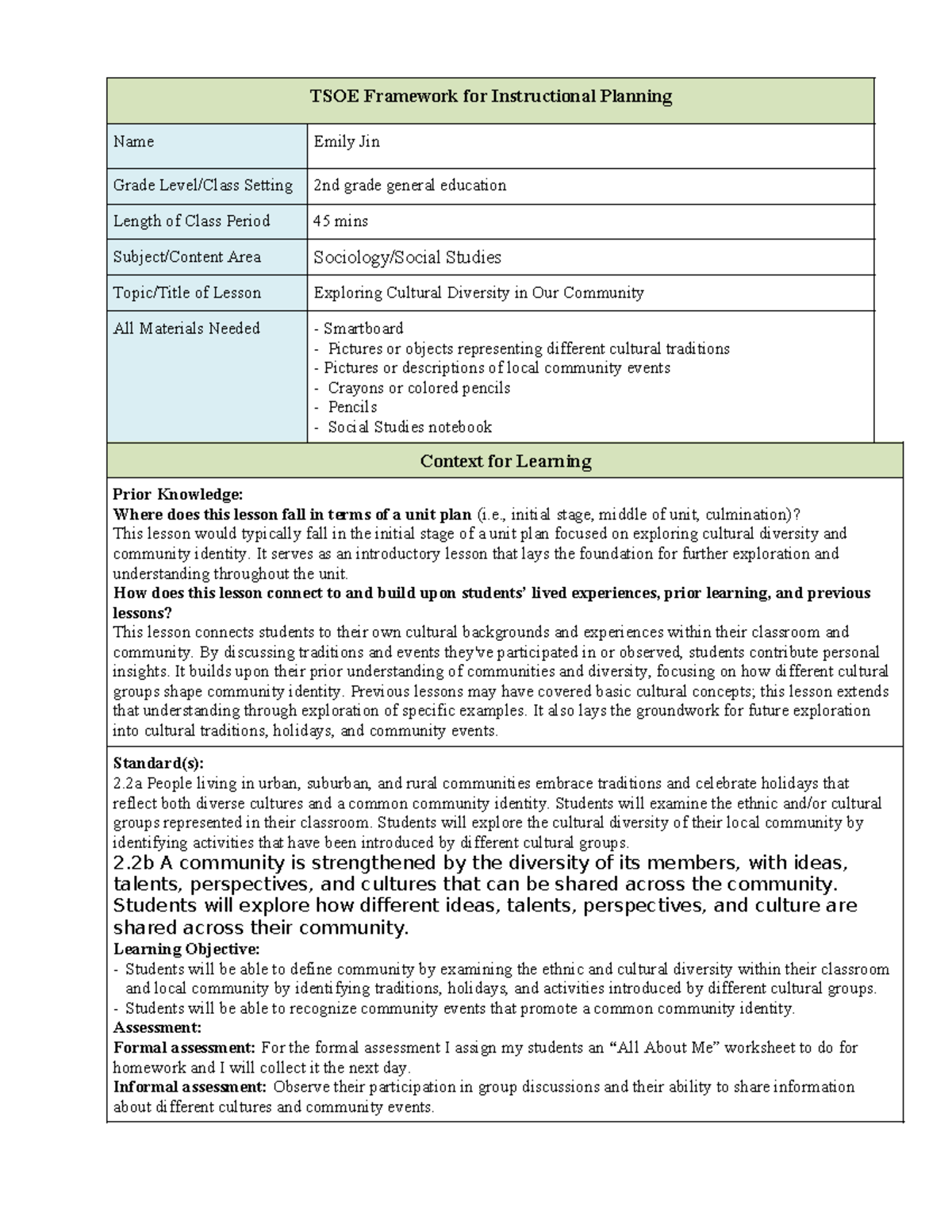 EDU 1010 Final Lesson Plan: Exploring Cultural Diversity in 2nd Grade ...