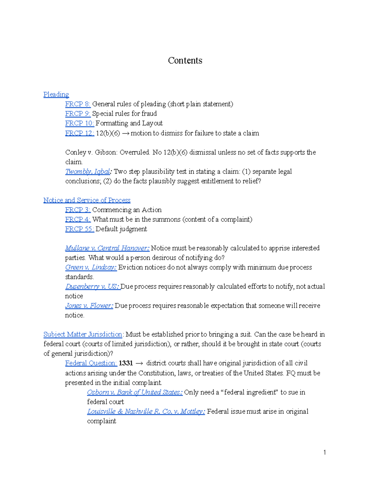 Civil Procedure Outline - Contents Pleading FRCP 8: General rules of ...