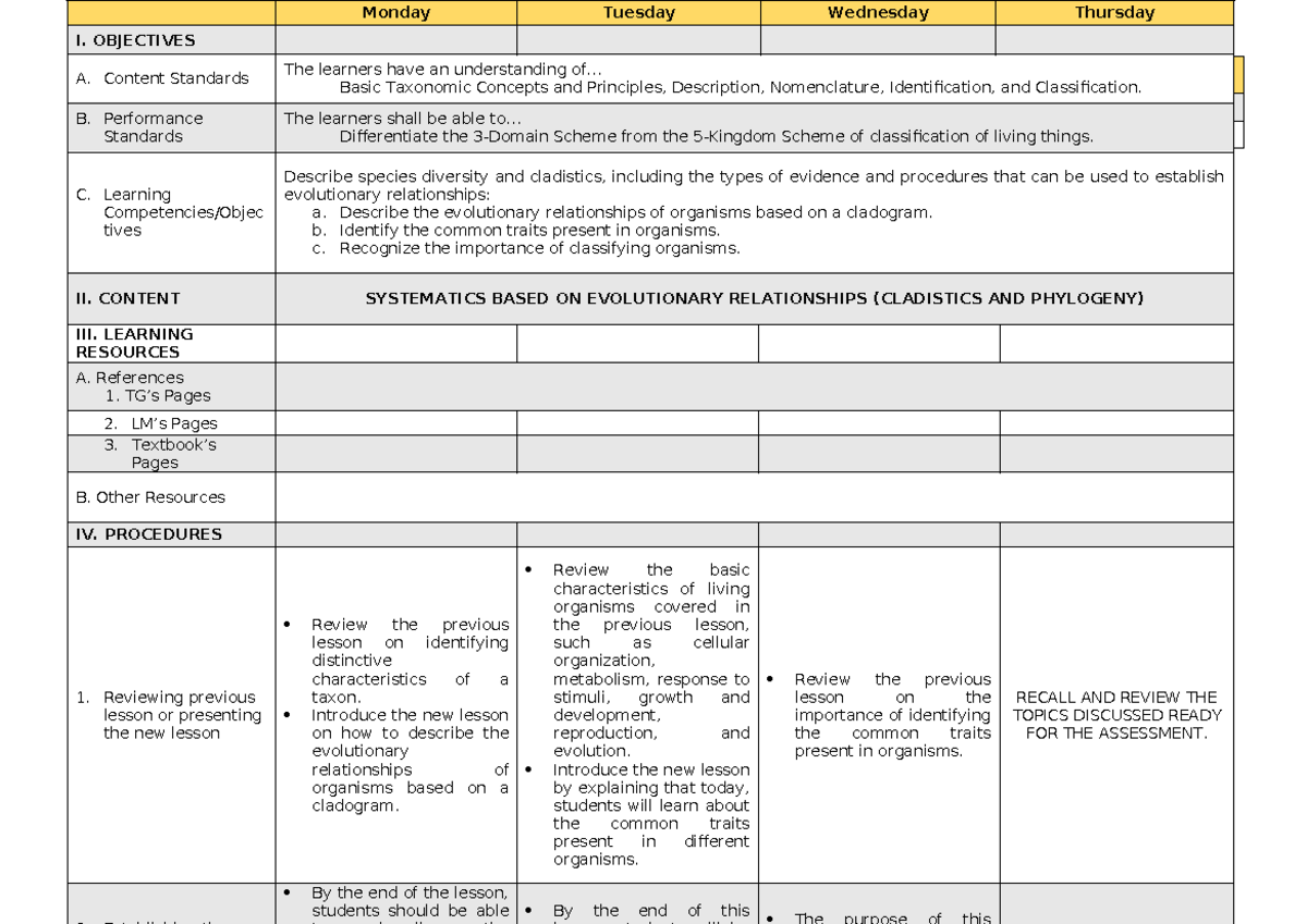 GB2 Q1 WEEK 6 - Daily Lesson on Systematics and Cladistics - Studocu