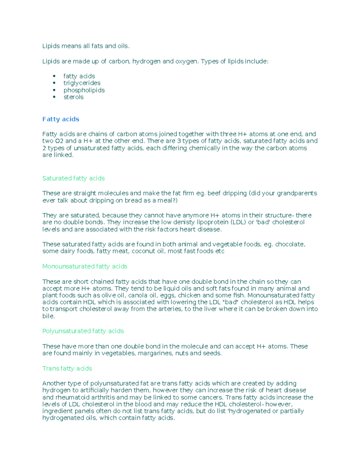 Lipids - Cheat Sheet: Types, Functions, and Health Impacts - Studocu