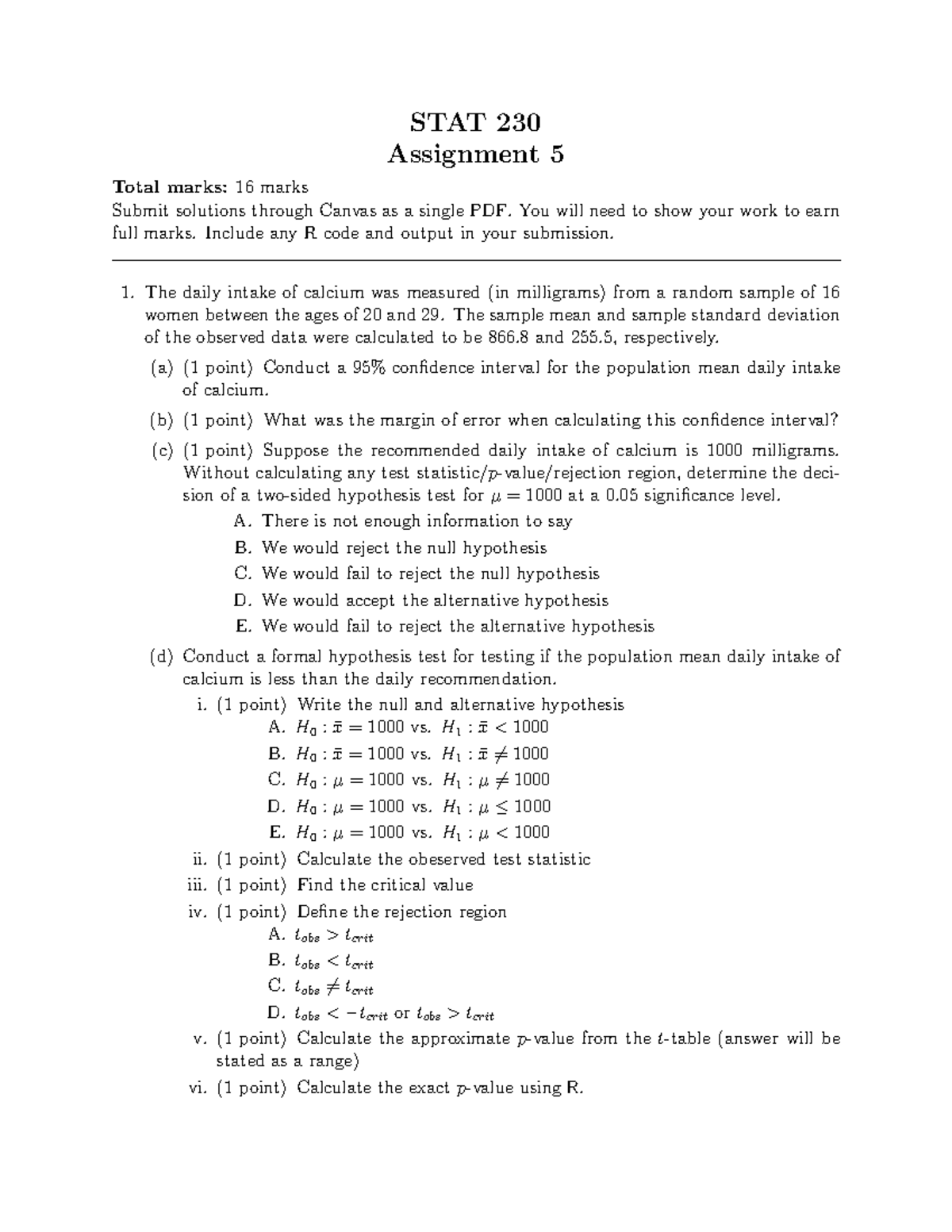 STAT 230 Assignment 5: Confidence Intervals & Hypothesis Testing - Studocu