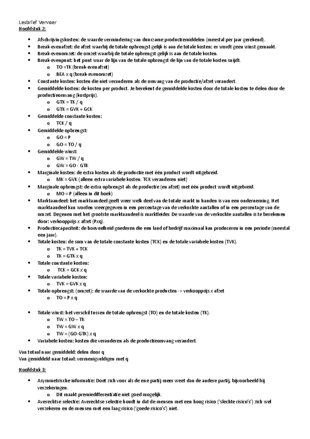Lesbrief Vervoer Hoofdstuk 2-5: Afschrijvingskosten & Marktevenwicht ...
