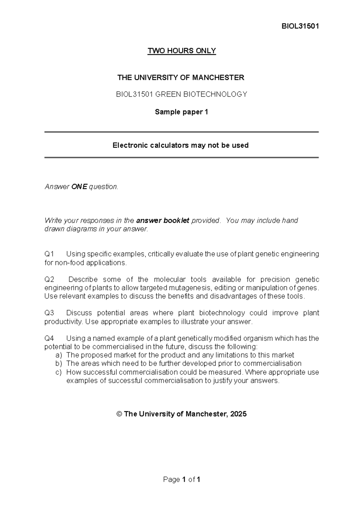 BIOL31501 Green Biotechnology Sample Exam Paper 1 - Studocu