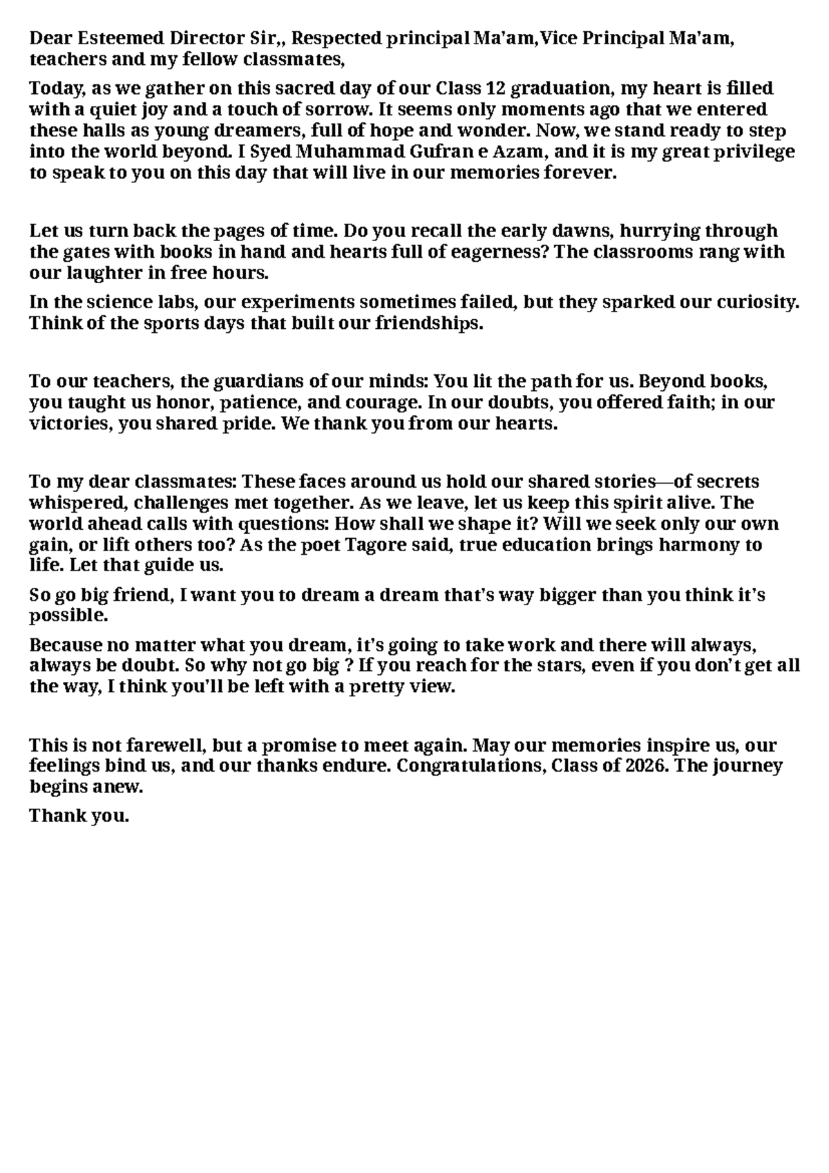 Class 12 Graduation Speech - A Tribute to the Journey Ahead - Studocu