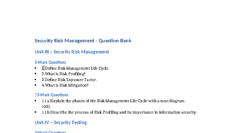 Security Risk Management Question Bank: Key Concepts & Questions - Studocu