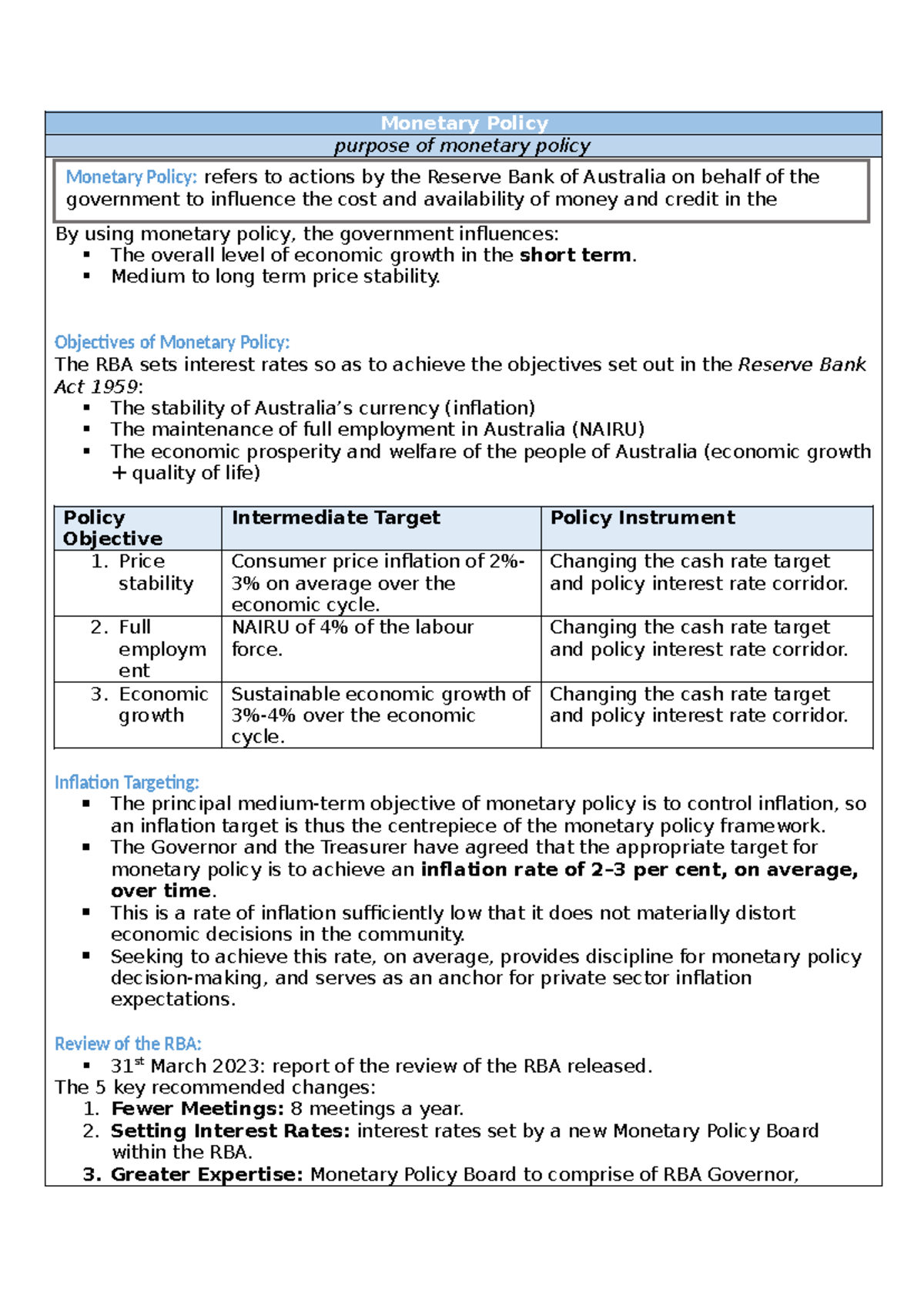Monetary Policy Overview: Objectives, Tools, and Impacts (ECO101) - Studocu