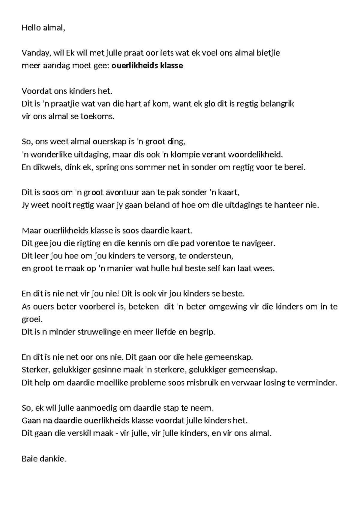 Ouerlikheidsklasse: 'n Belangrike Praatjie vir Toekomstige Ouers - Studocu