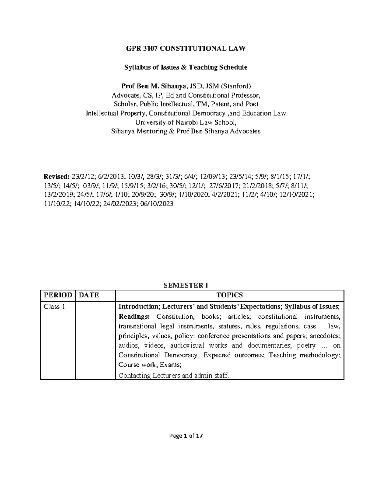 GPR 3107 Constitutional Law Syllabus and Teaching Schedule 2023 - Studocu