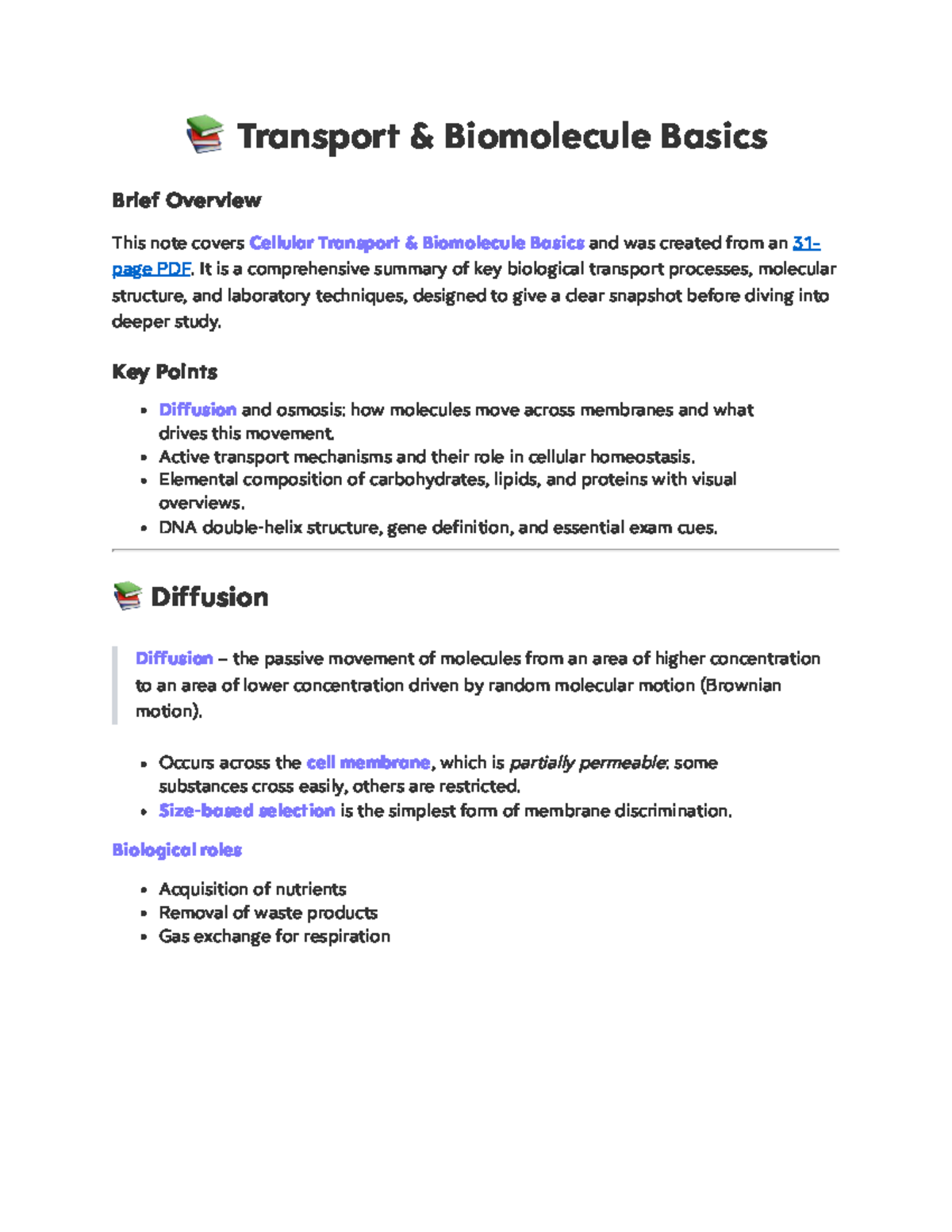 Biology Notes 3 & 4: Transport Biomolecule Basics Overview - Studocu