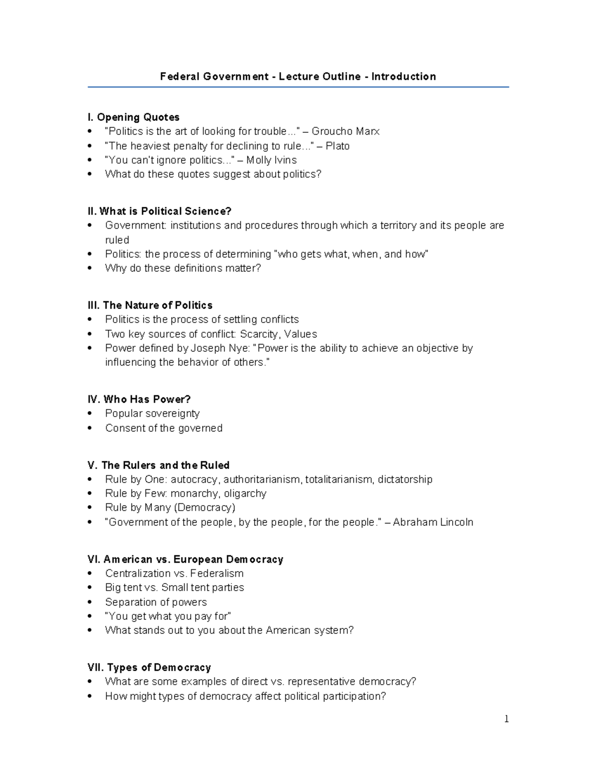 POL 101: Political Science Lecture Outline on Government & Ideology ...