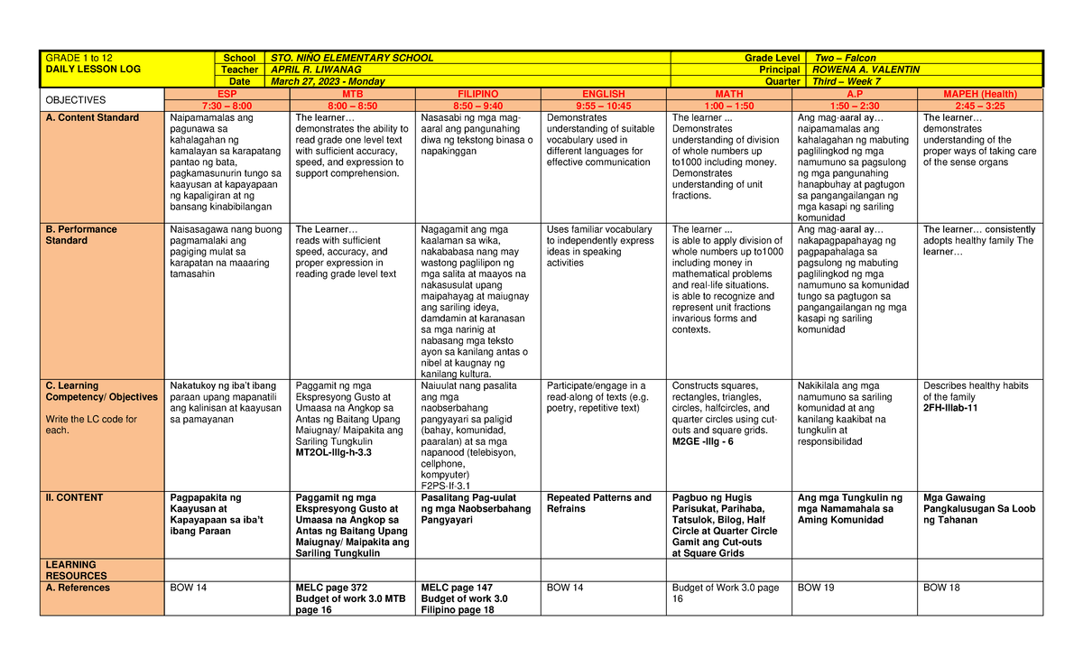 Q3-W7 Daily Lesson Log for Grade 2 by April R. Liwanag - Studocu