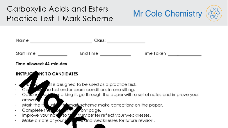 Carboxylic Acids & Esters Practice Test 1 Mark Scheme - Studocu