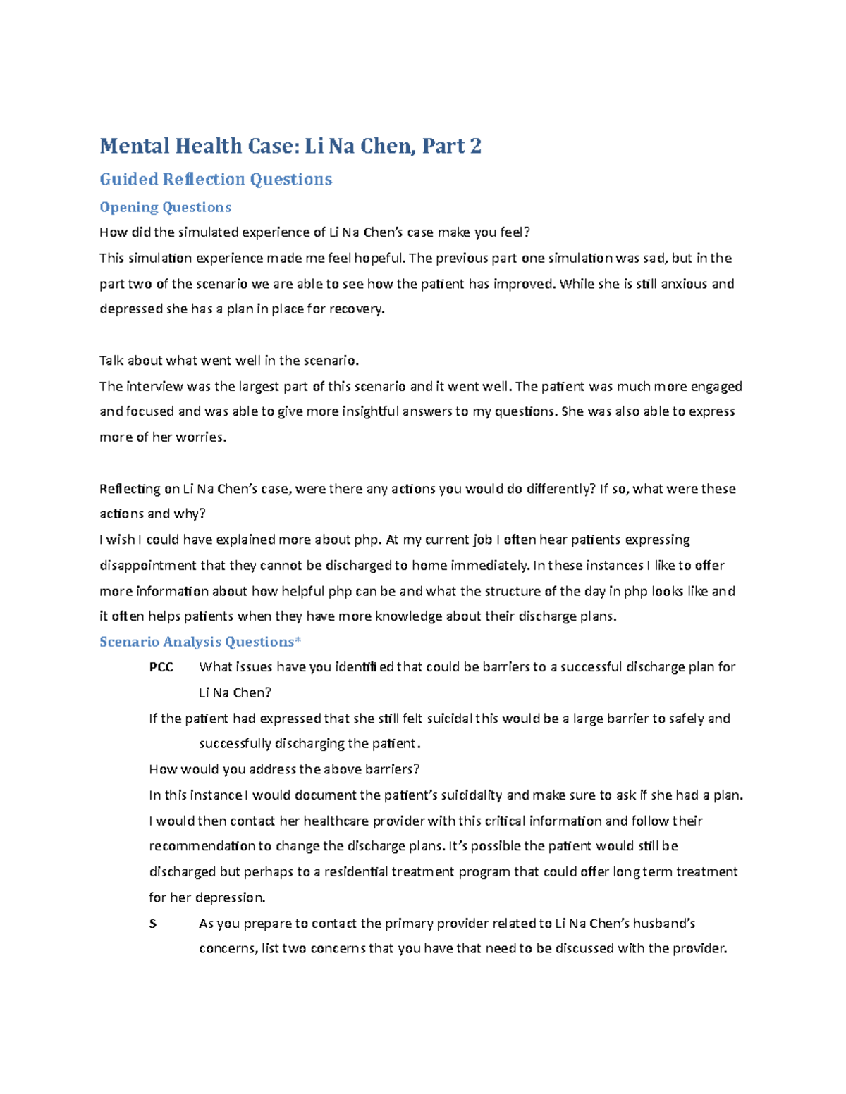 Li Na Chen Case Study Reflection & Analysis (Part 2) - Studocu