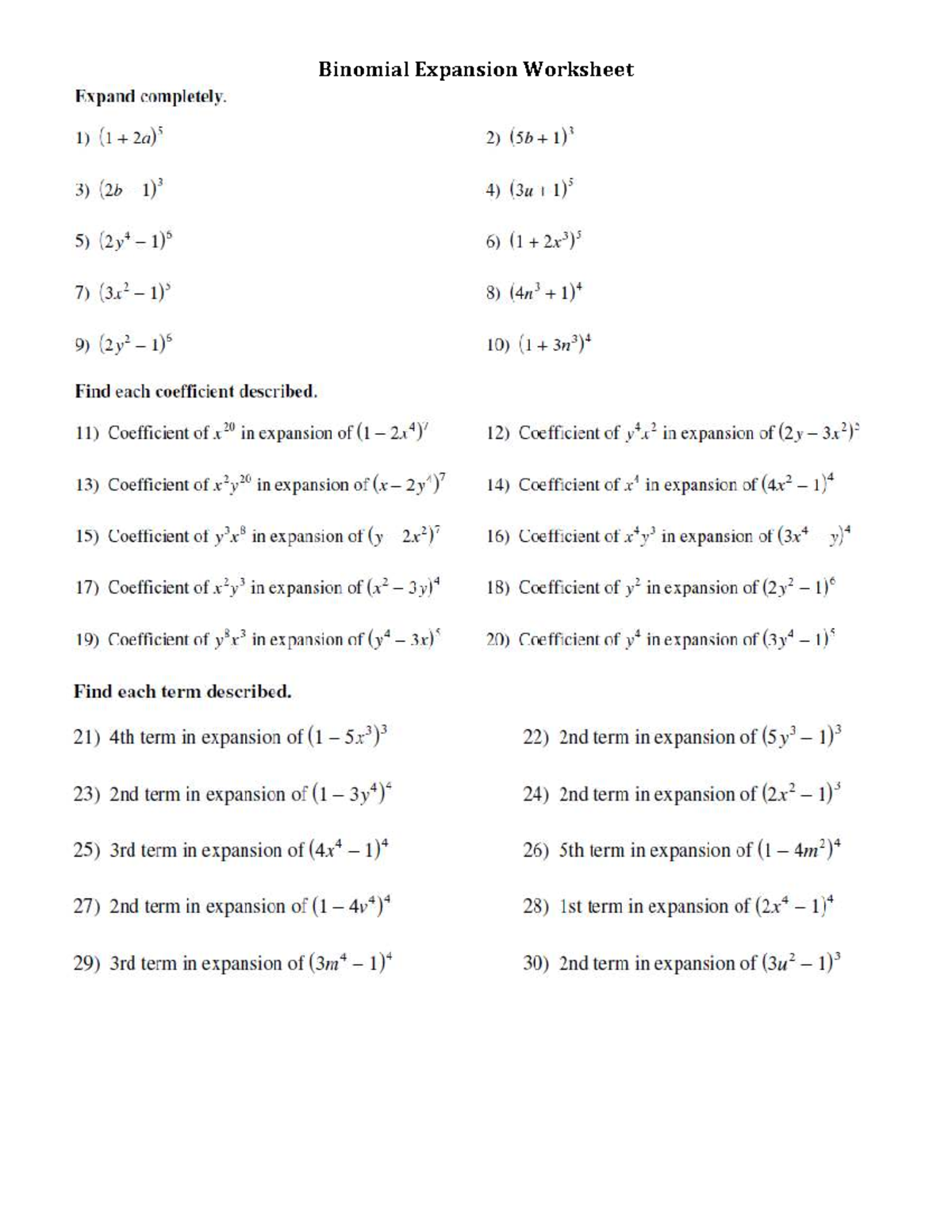 Binomial Expansion Worksheet: Complete Expansion & Coefficients ...