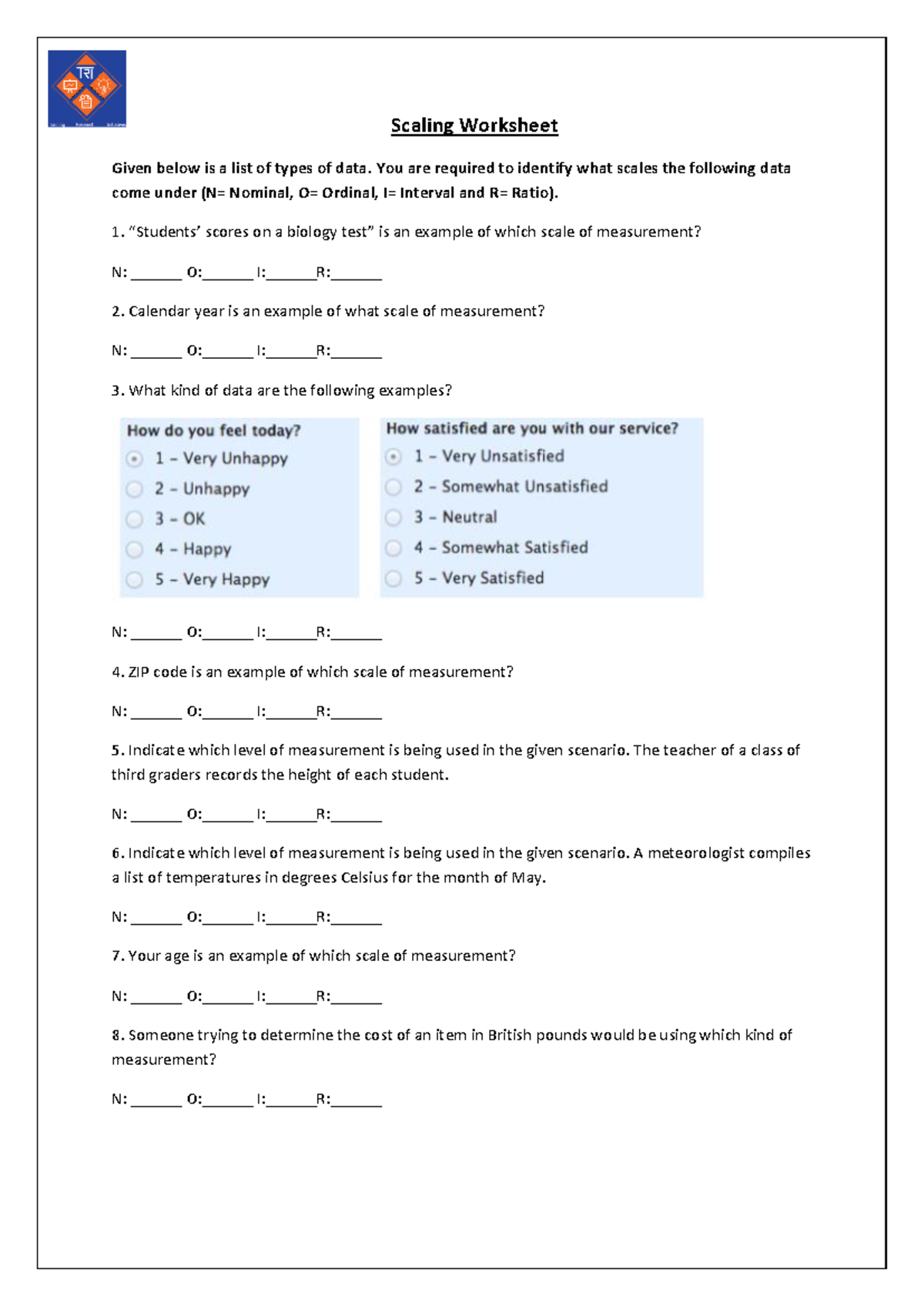 Scaling Worksheet - Scaling Worksheet Given below is a list of types of ...