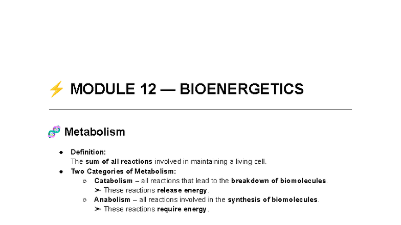 Biochem 12: Bioenergetics & Metabolism Lecture Notes - Studocu