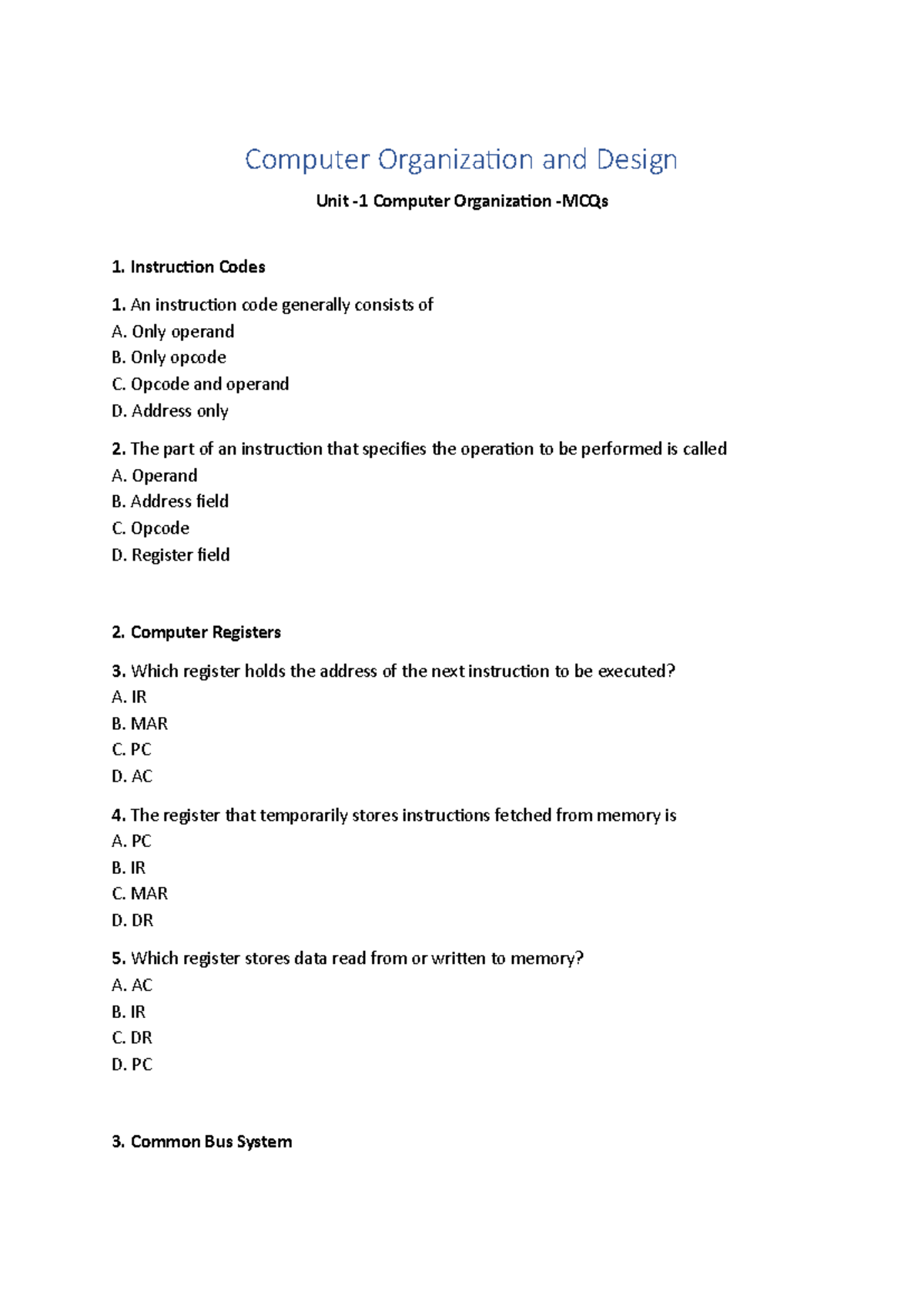 MCQs for Unit 1: Computer Organization and Design - Studocu