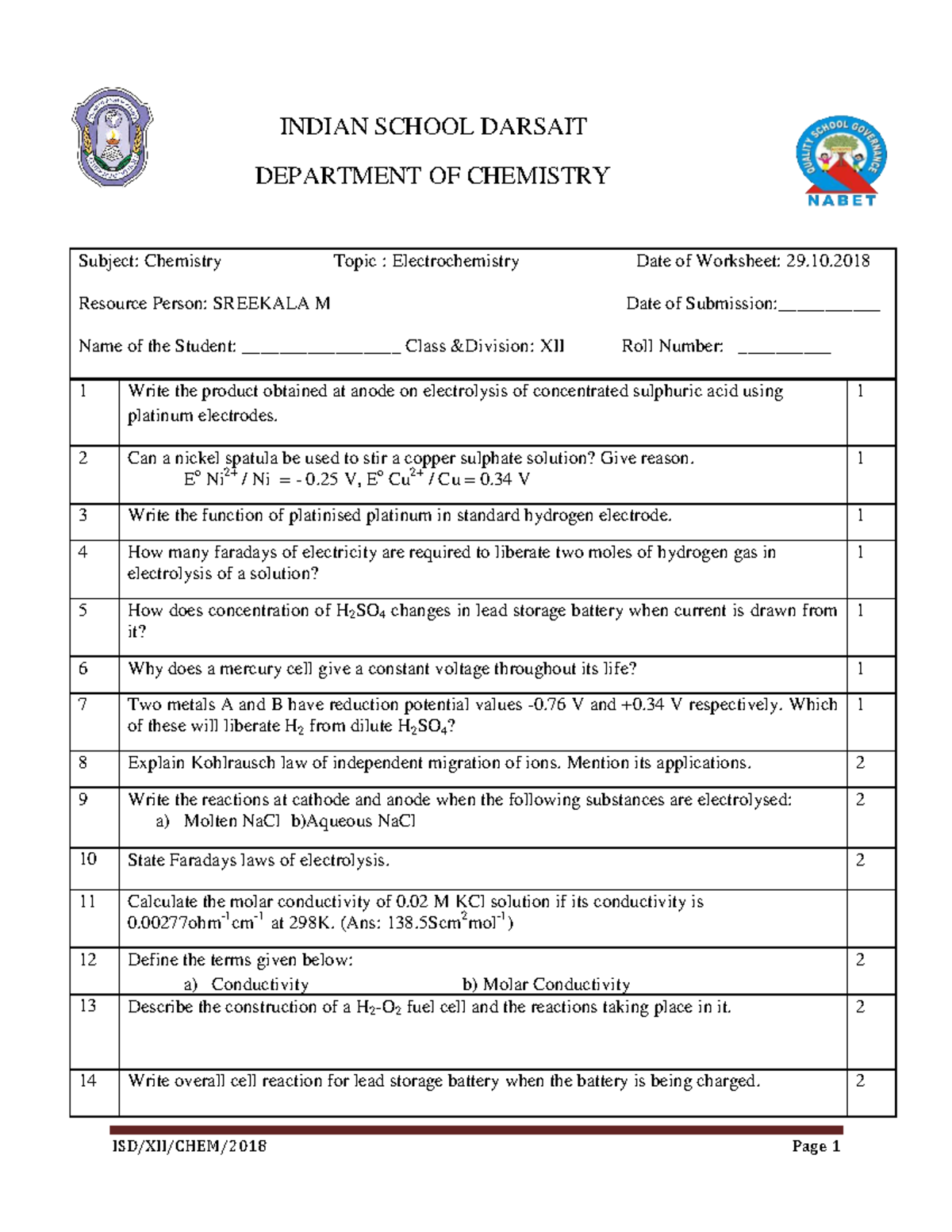 Lesson-3: Electrochemistry - Class XII Chemistry Worksheet - Studocu