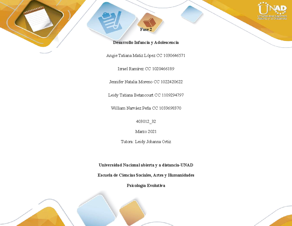 Fase 2: Desarrollo Infancia y Adolescencia - Trabajo Grupal 403012_32 - Studocu
