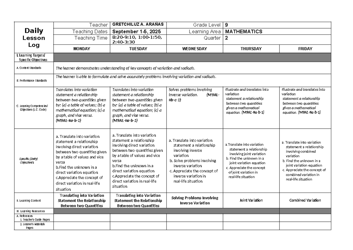 Grade 9 Mathematics Q2 Lesson Log: Variation & Radicals - Studocu