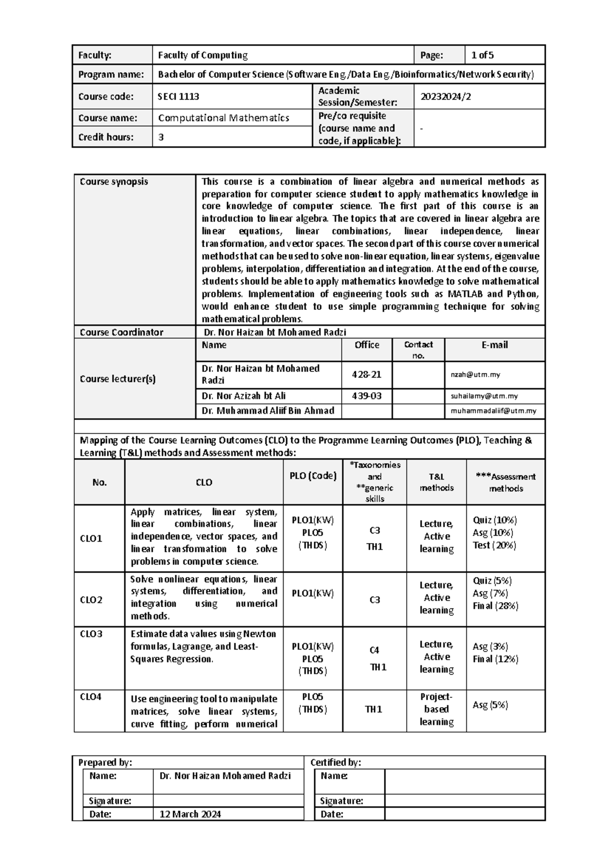 SECI1113 Computational Mathematics Course Overview and Learning ...