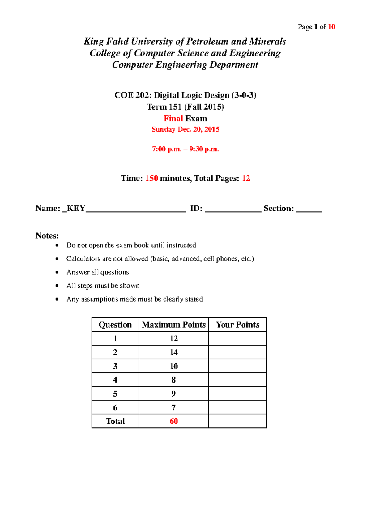 COE202 Final T151 Key - King Fahd University of Petroleum and Minerals College of Computer ...
