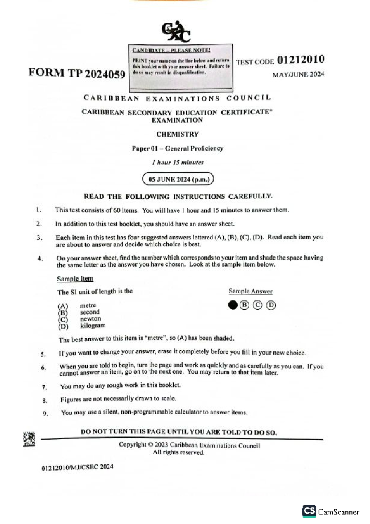 CSEC Chemistry Paper 01 General Proficiency Exam 2024 - Studocu