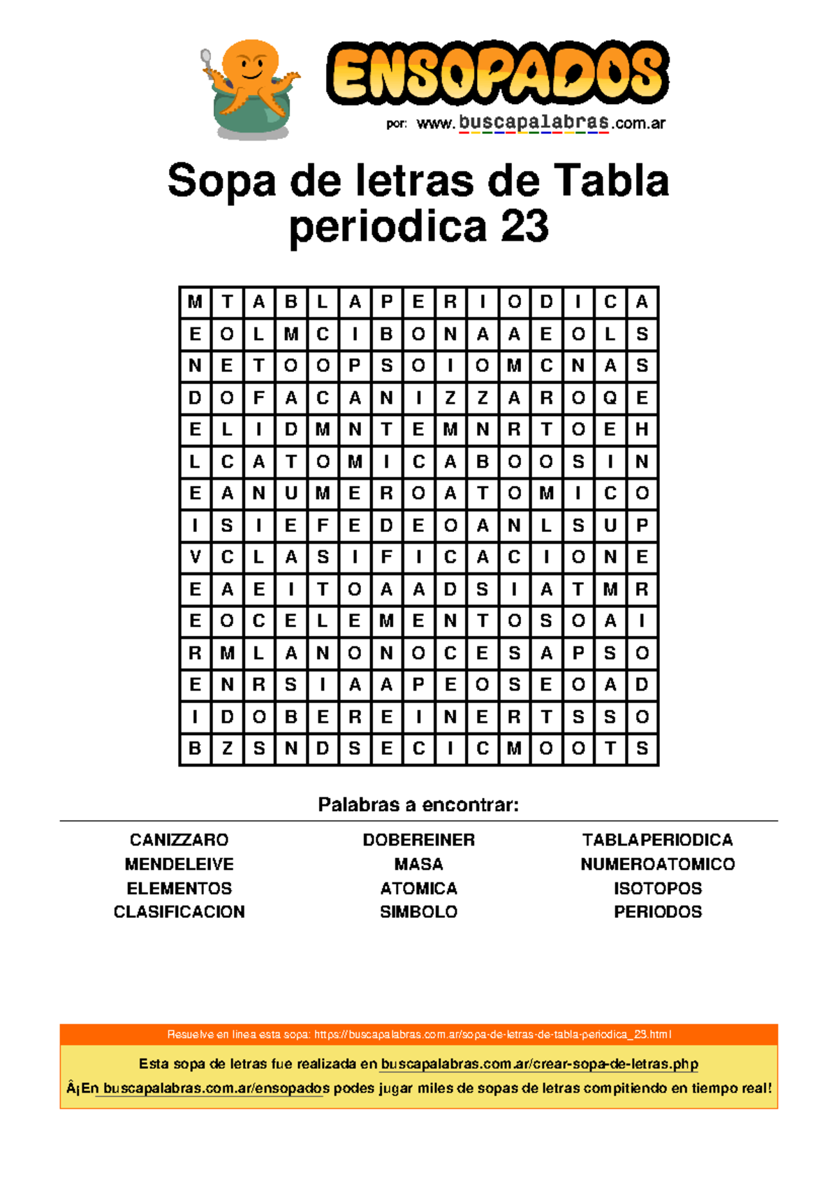 Sopa de Letras: Tabla Periódica 23 - Términos Químicos - Studocu