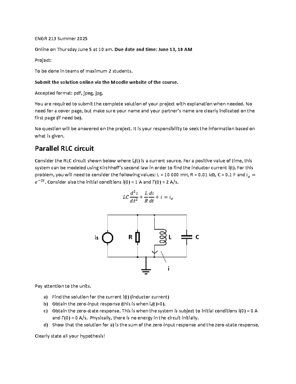 ENGR 213 Summer 2025 Project: RLC Circuit Analysis and Solutions - Studocu